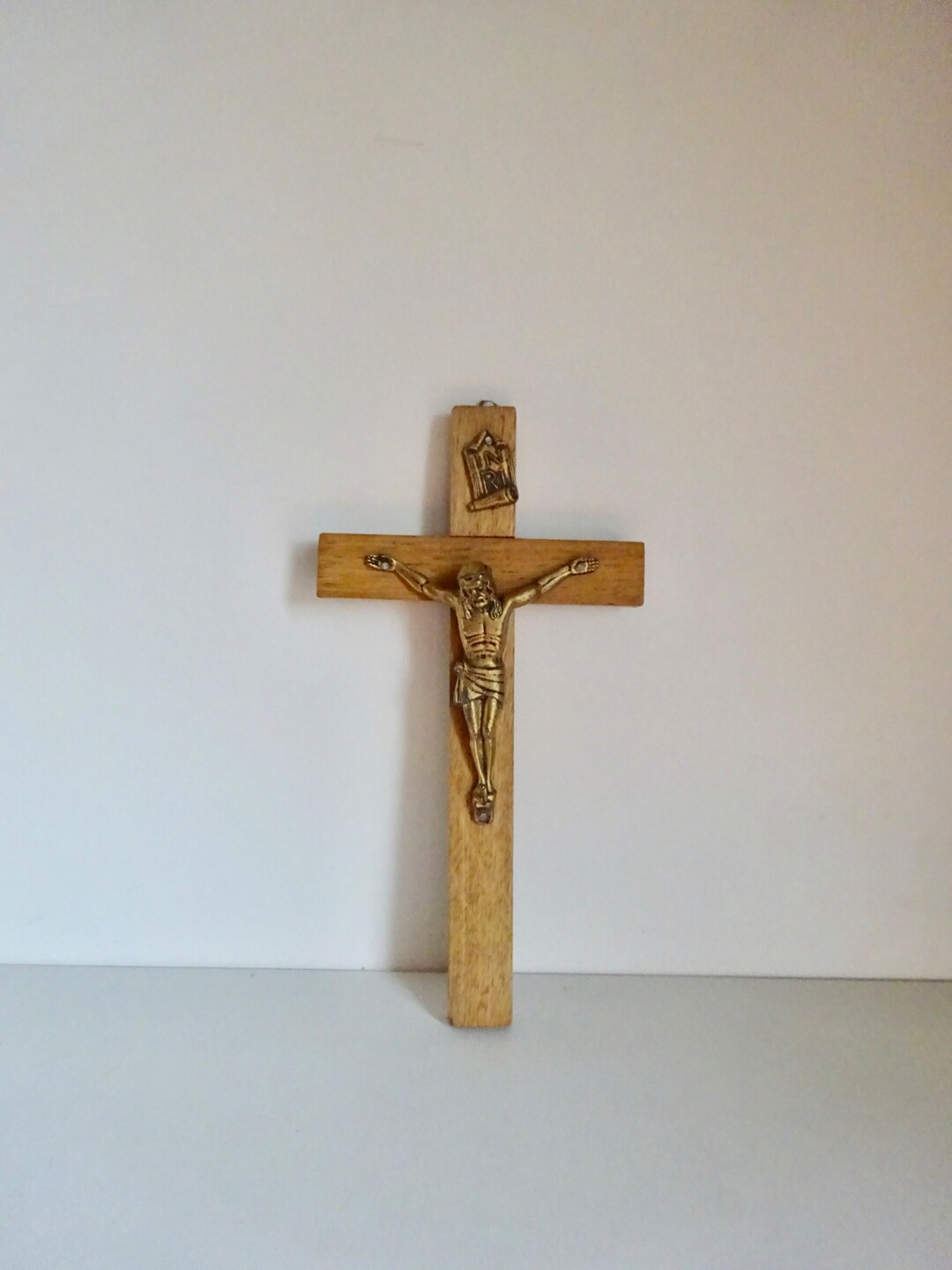 Jesus Cross INRI Wooden Brass Icon Altar Souvenir Religious Decor 1960s ...