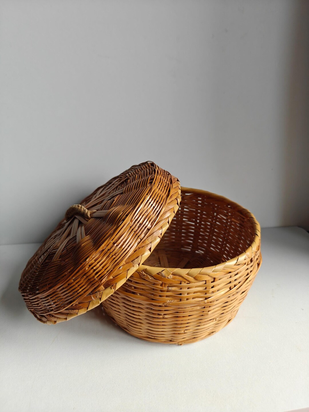 Rustic Large Round Wicker Basket With a Lid Primitive Table Decor Boho ...