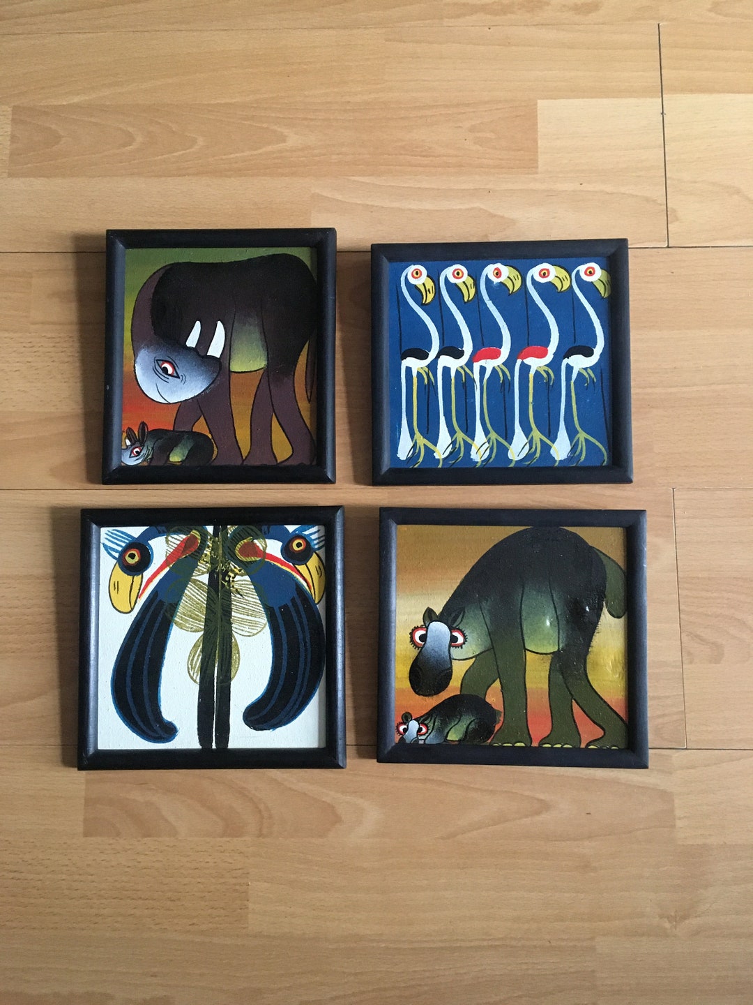 4 African Animals Paintings Hand Painted Abstract Nature Wall Decor ...