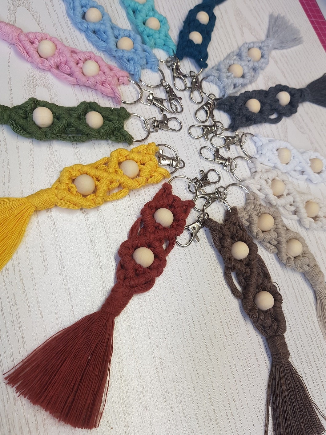 Macrame keychain with 2 wooden balls and Karabian accessories | Etsy