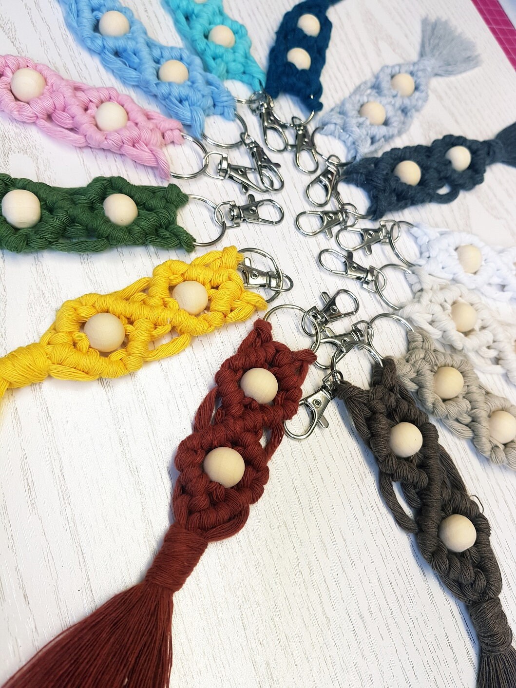 Macrame keychain with 2 wooden balls and Karabian accessories | Etsy