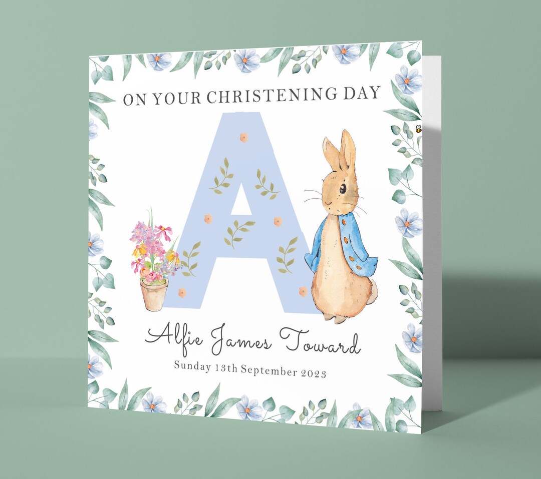 Personalized Peter Rabbit Christening Card SQ Blue or Pink Baptism ...