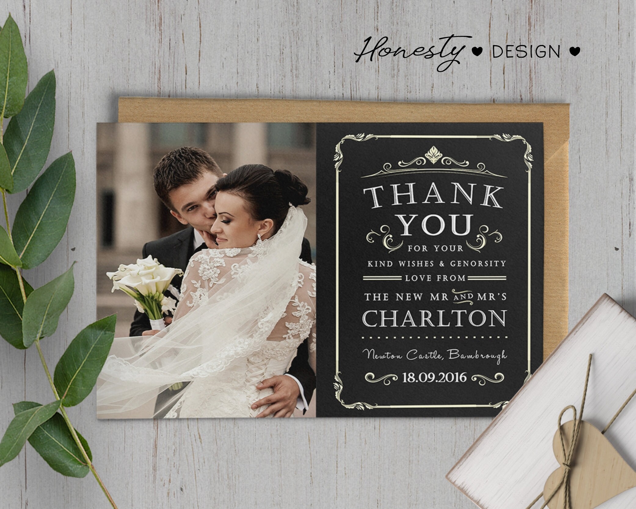 Classic Wedding Thank You Card Bespoke Personalised Thank You | Etsy