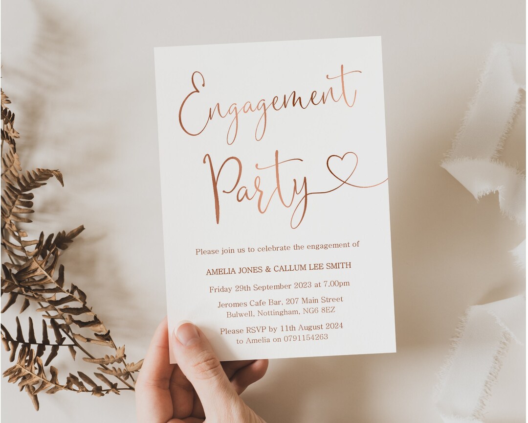 Personalised Rose Gold Engagement Party Invitations, Minimalist A6 ...