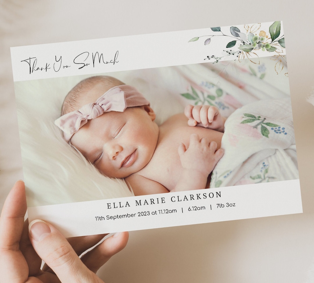 New Baby Thank You Card B3 Personalised Birth Announcement Card Photo ...