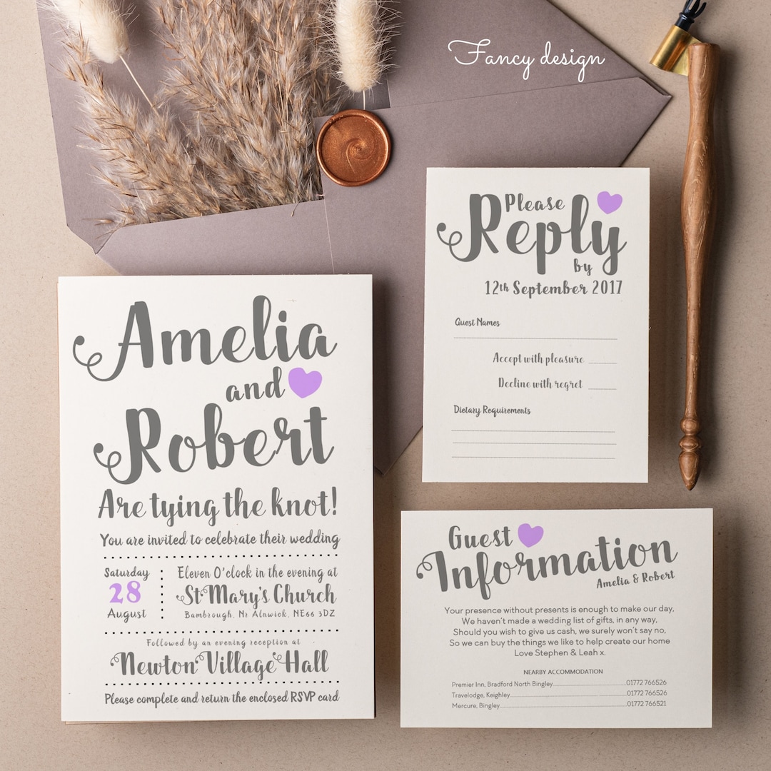 Personalised Typography Wedding Invitation Set, Simple Wedding ...