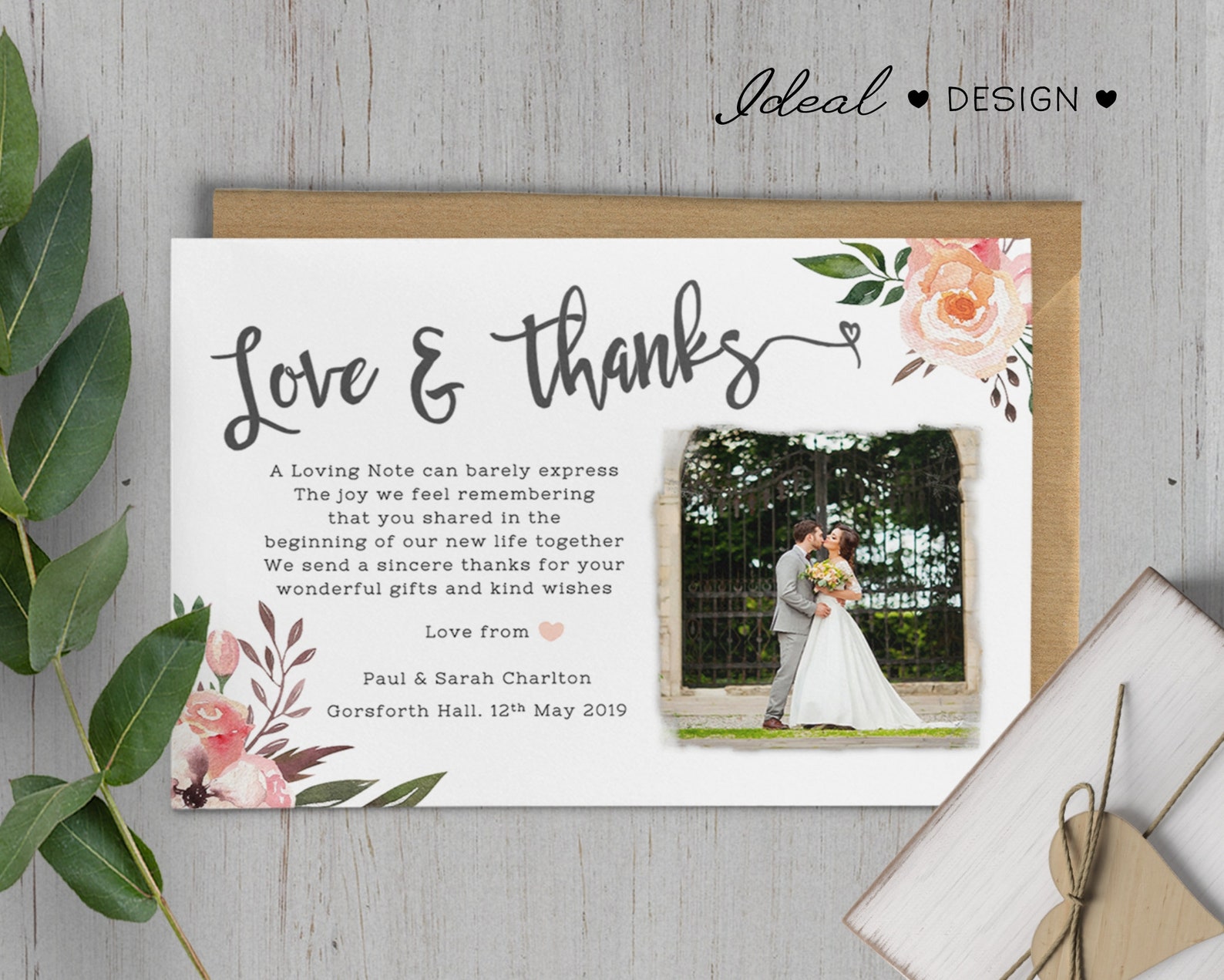 Classic Wedding Thank You Card Bespoke Personalised Thank You | Etsy