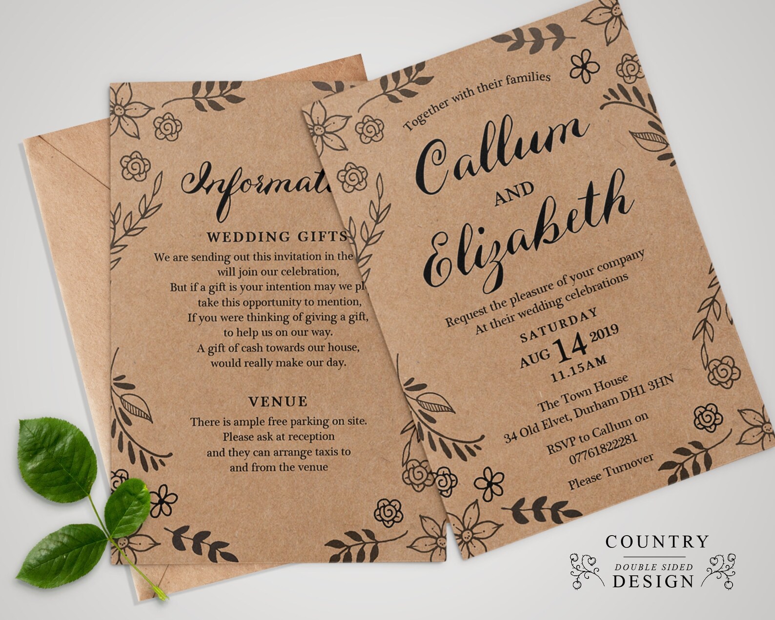 Double Sided,personalised Wedding Day Invitations (W1) ,country Gift ...