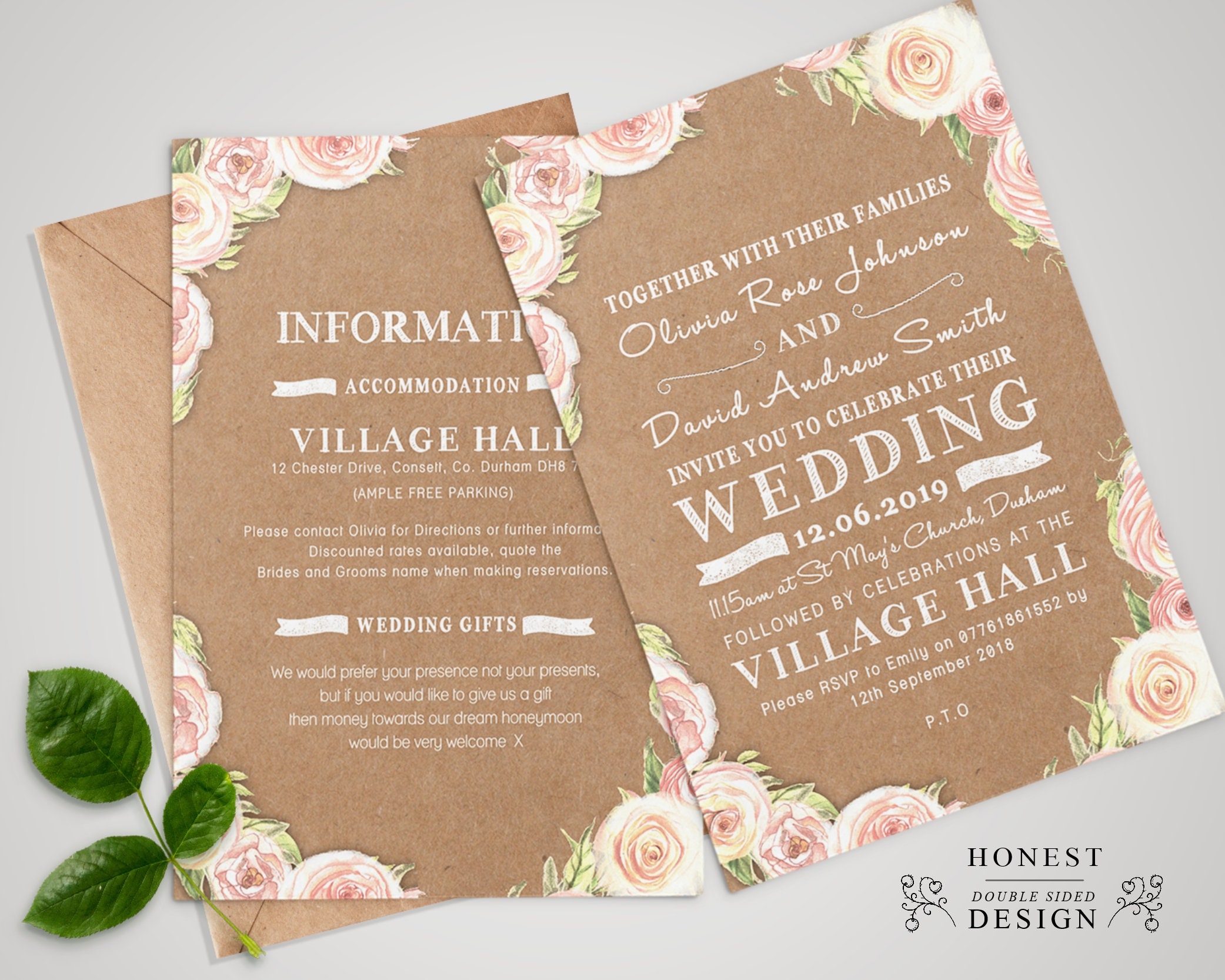 Personalised Floral Wedding Invitations, Double Sided, Barn or Country ...