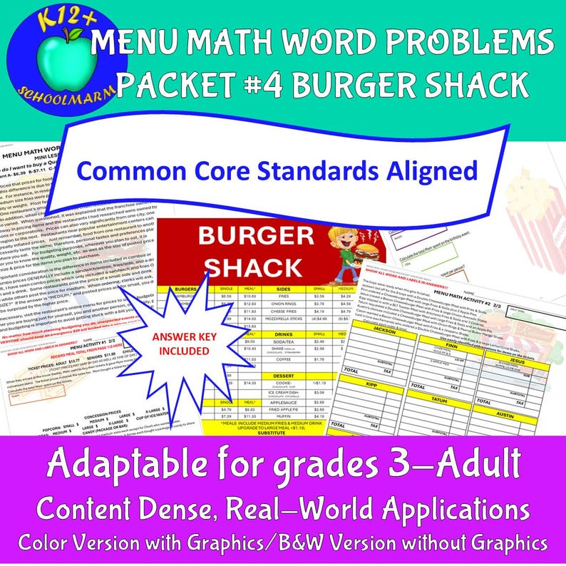 Menu Math Word Problems Printable Worksheets Grades 3-adult #4 Burger ...
