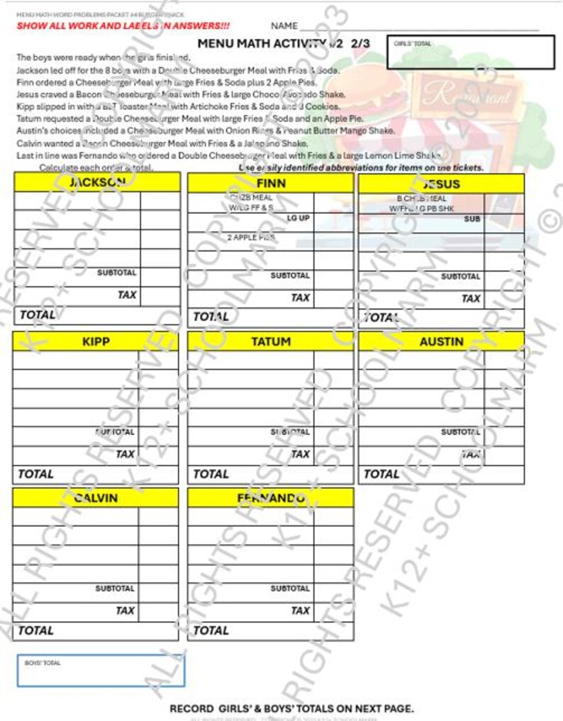 Menu Math Word Problems Printable Worksheets Grades 3-adult #4 Burger ...