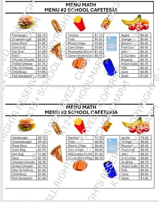 Menu Math Word Problems Printable Worksheets Grades 3-adult #3 - Etsy