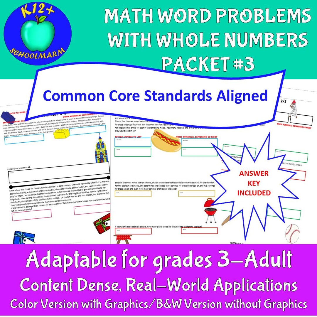 Whole Number Word Problem Printable Worksheets Grades 3-adult #3 - Etsy