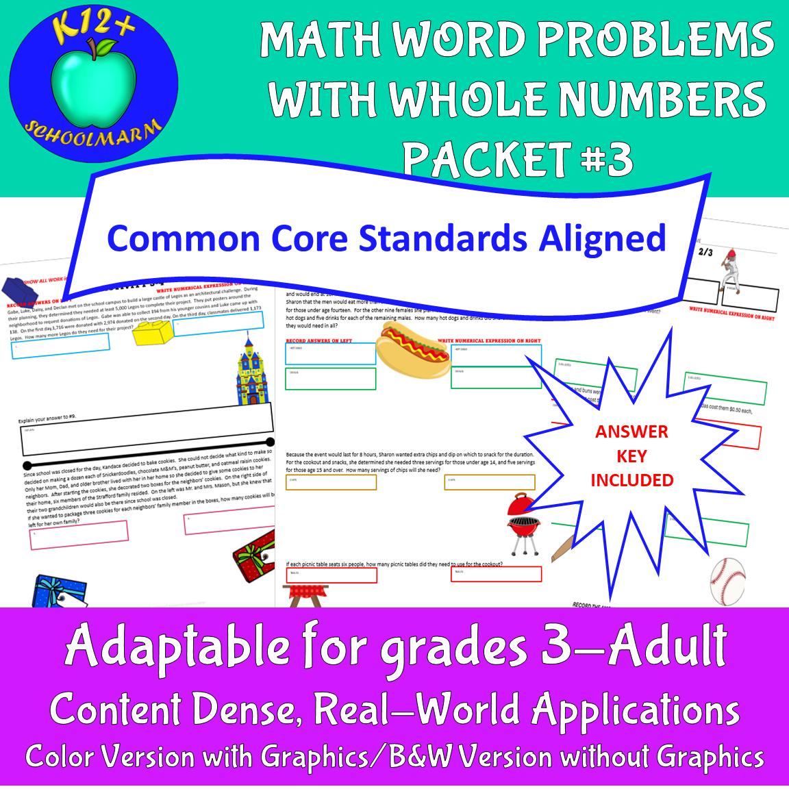 Whole Number Word Problem Printable Worksheets Grades 3-adult #3 - Etsy