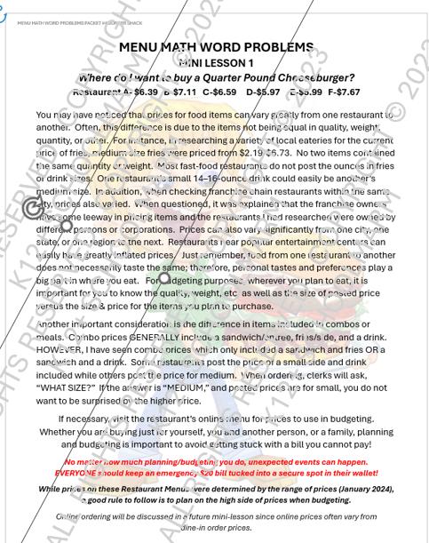 Menu Math Word Problems Printable Worksheets Grades 3-adult #4 Burger ...