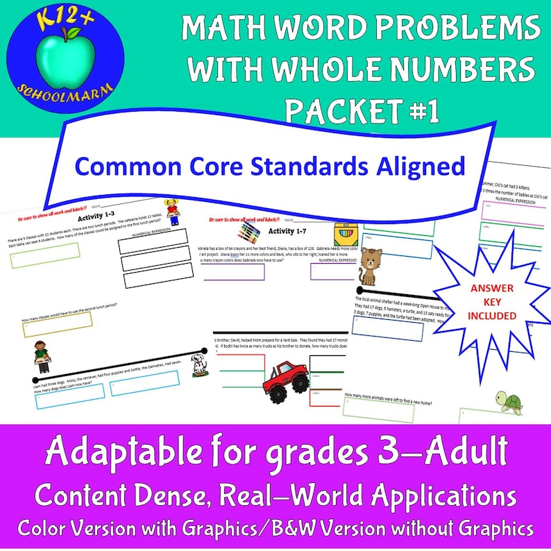 Whole Number Word Problem Printable Worksheets Grades 3-adult #1 - Etsy ...