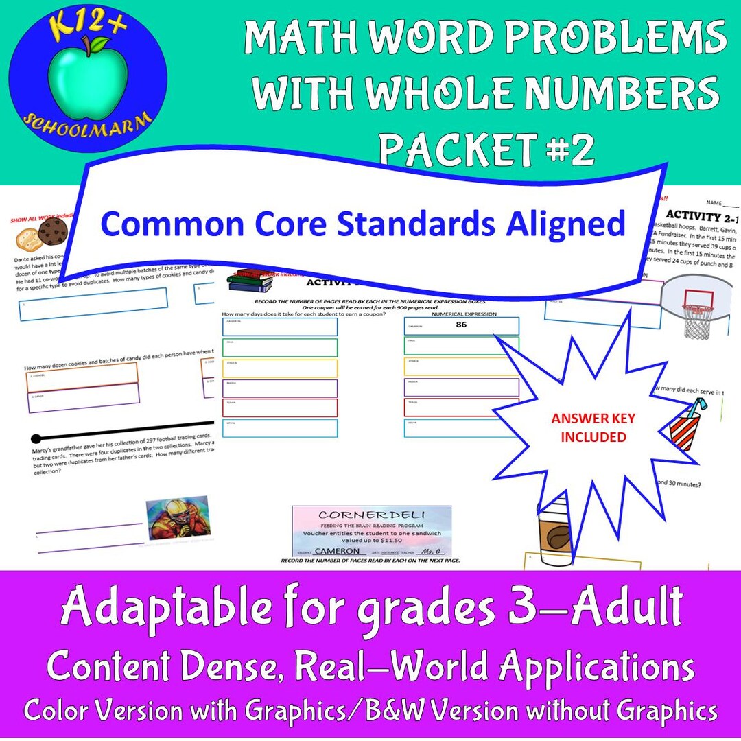 Whole Number Word Problem Printable Worksheets Grades 3 Adult 2 Etsy