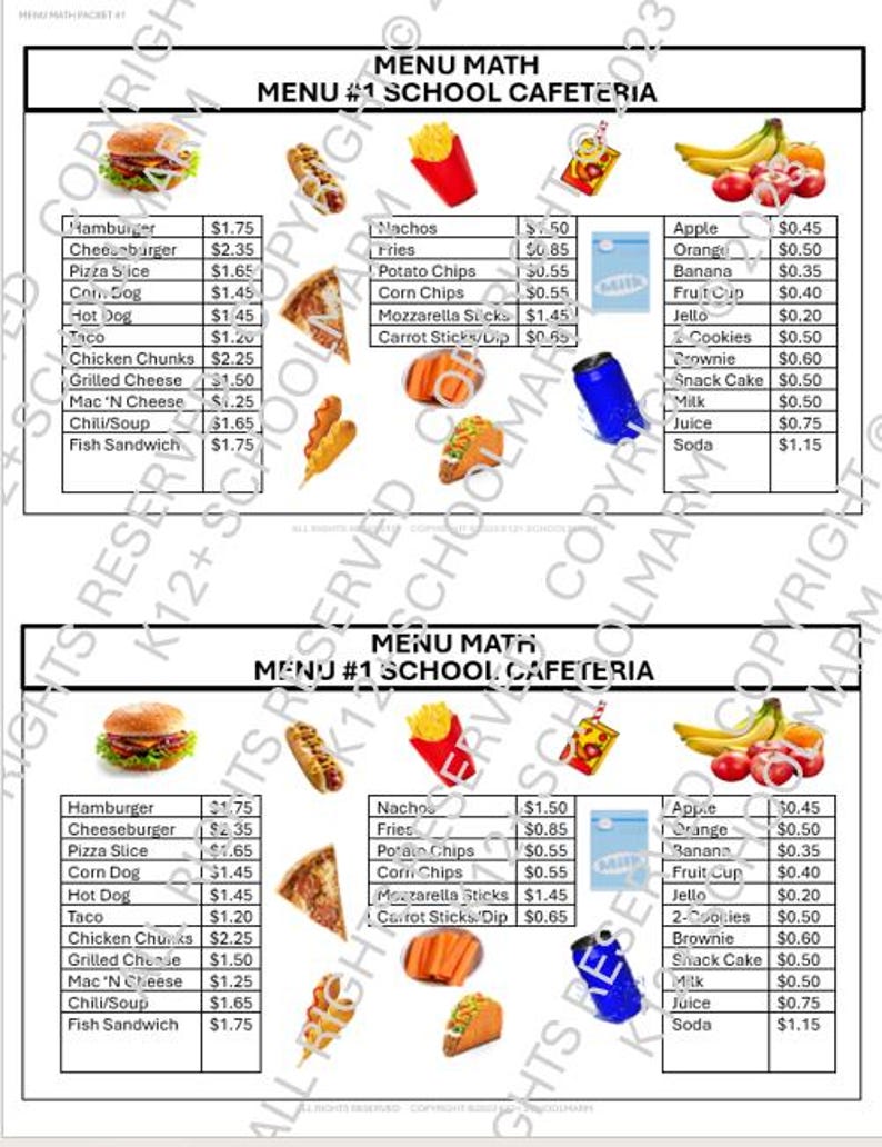 Menu Math Word Problems Printable Worksheets Grades 3-adult #1 School ...