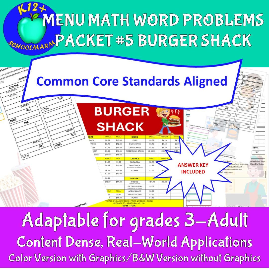 Menu Math Word Problems Printable Worksheets Grades 3-adult #5 Burger ...