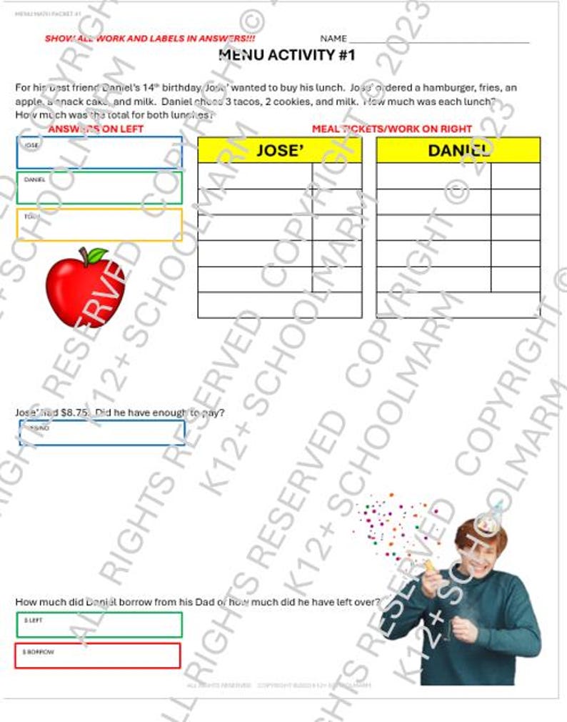 Menu Math Word Problems Printable Worksheets Grades 3-adult #1 School ...