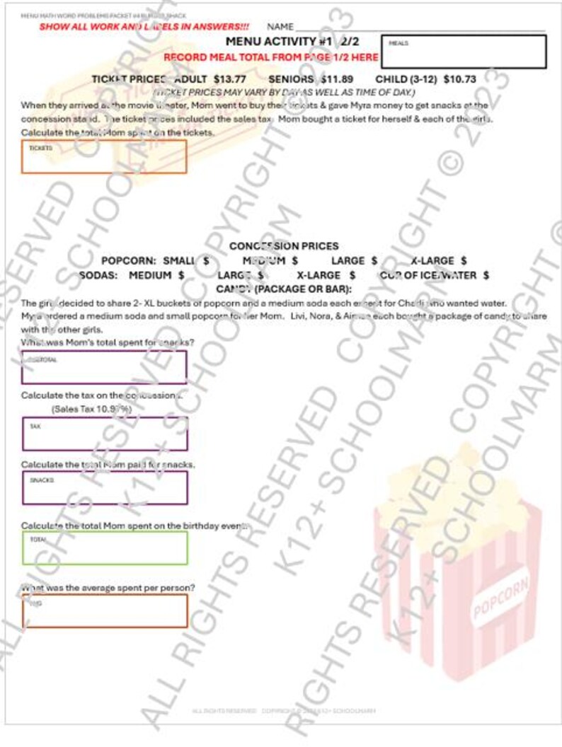 Menu Math Word Problems Printable Worksheets Grades 3-adult #4 Burger ...