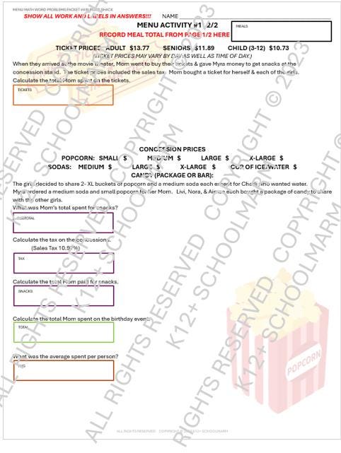 Menu Math Word Problems Printable Worksheets Grades 3-adult #4 Burger ...