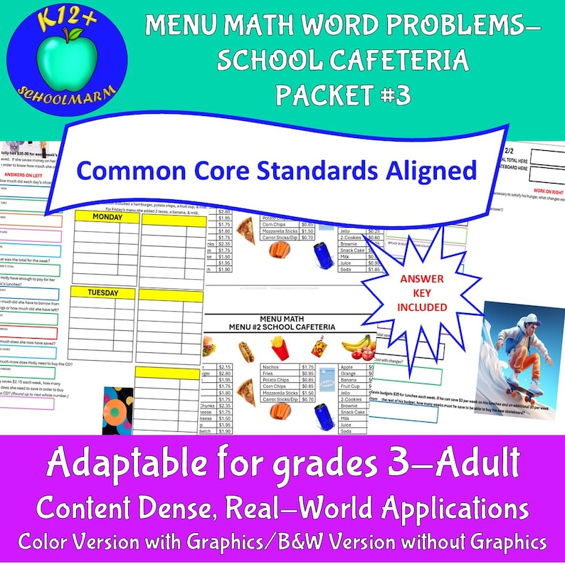 Menu Math Word Problems Printable Worksheets Grades 3-adult #3 - Etsy