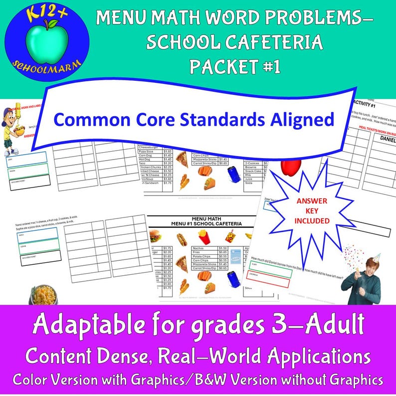 Menu Math Word Problems Printable Worksheets Grades 3-adult #1 School ...