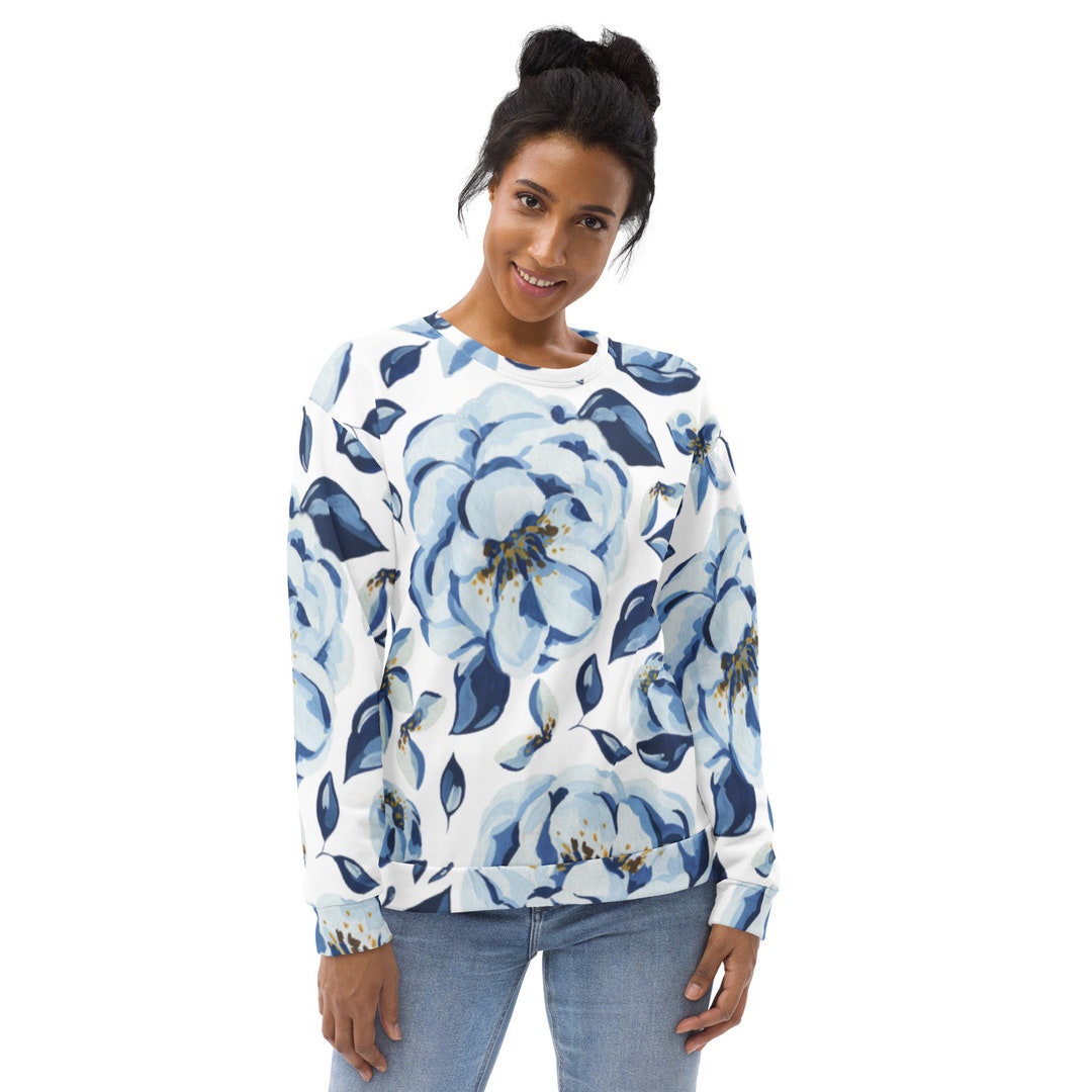 White and Blue Sweater With Flowers, Florals Nature Lovers, Woman ...