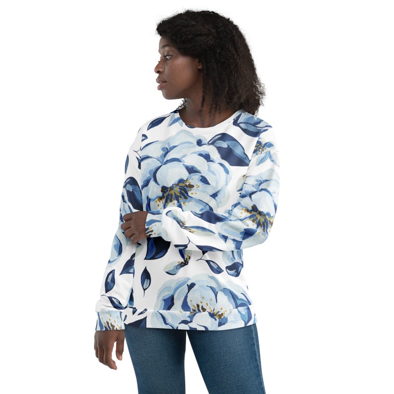 White and Blue Sweater With Flowers, Florals Nature Lovers, Woman ...