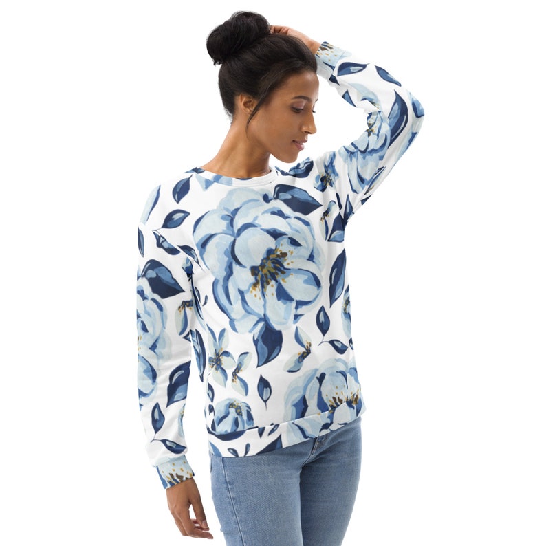 White and Blue Sweater With Flowers, Florals Nature Lovers, Woman ...