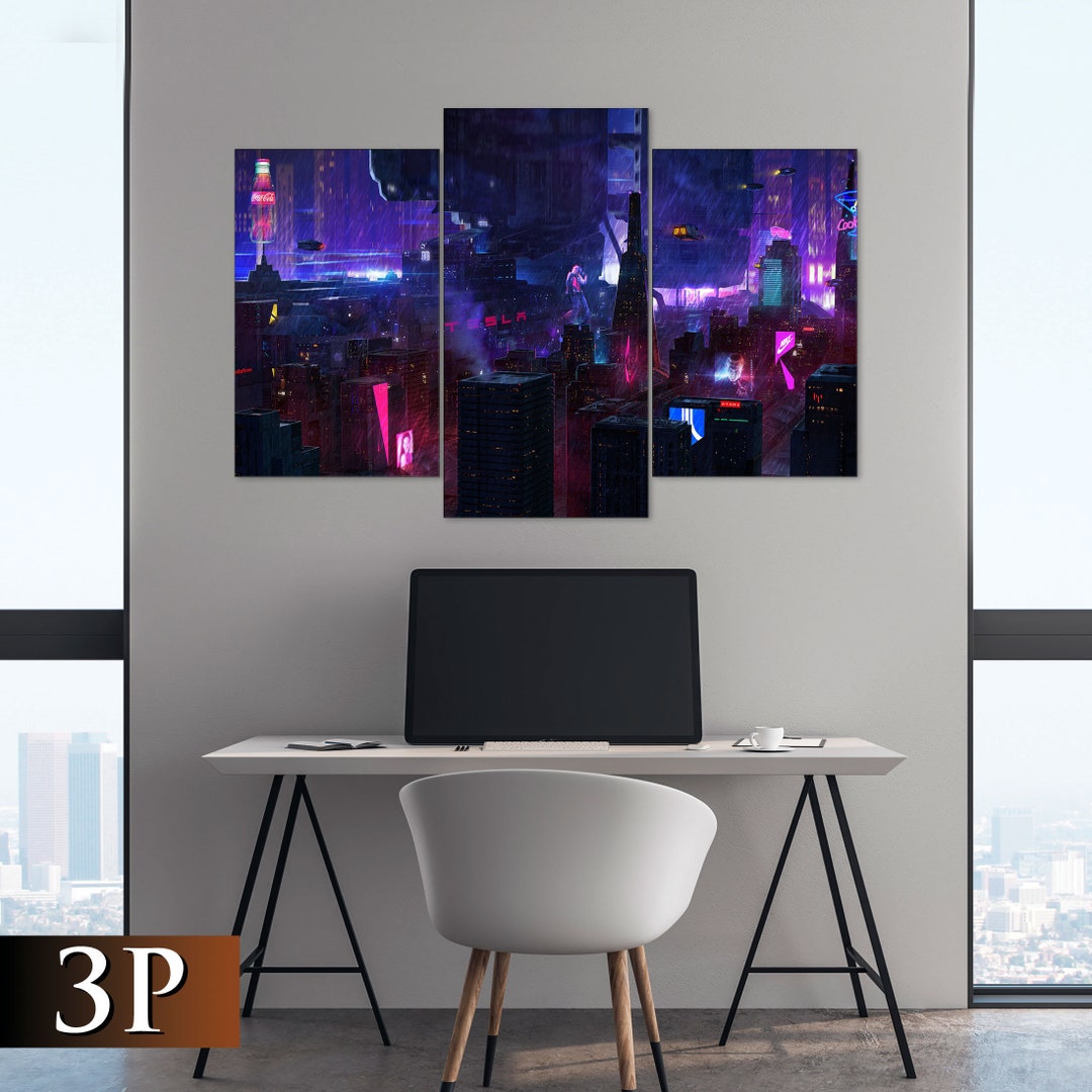 Dystopian, Sci-fi Canvas of Cyberpunk Print, Rainy Night With Neon ...