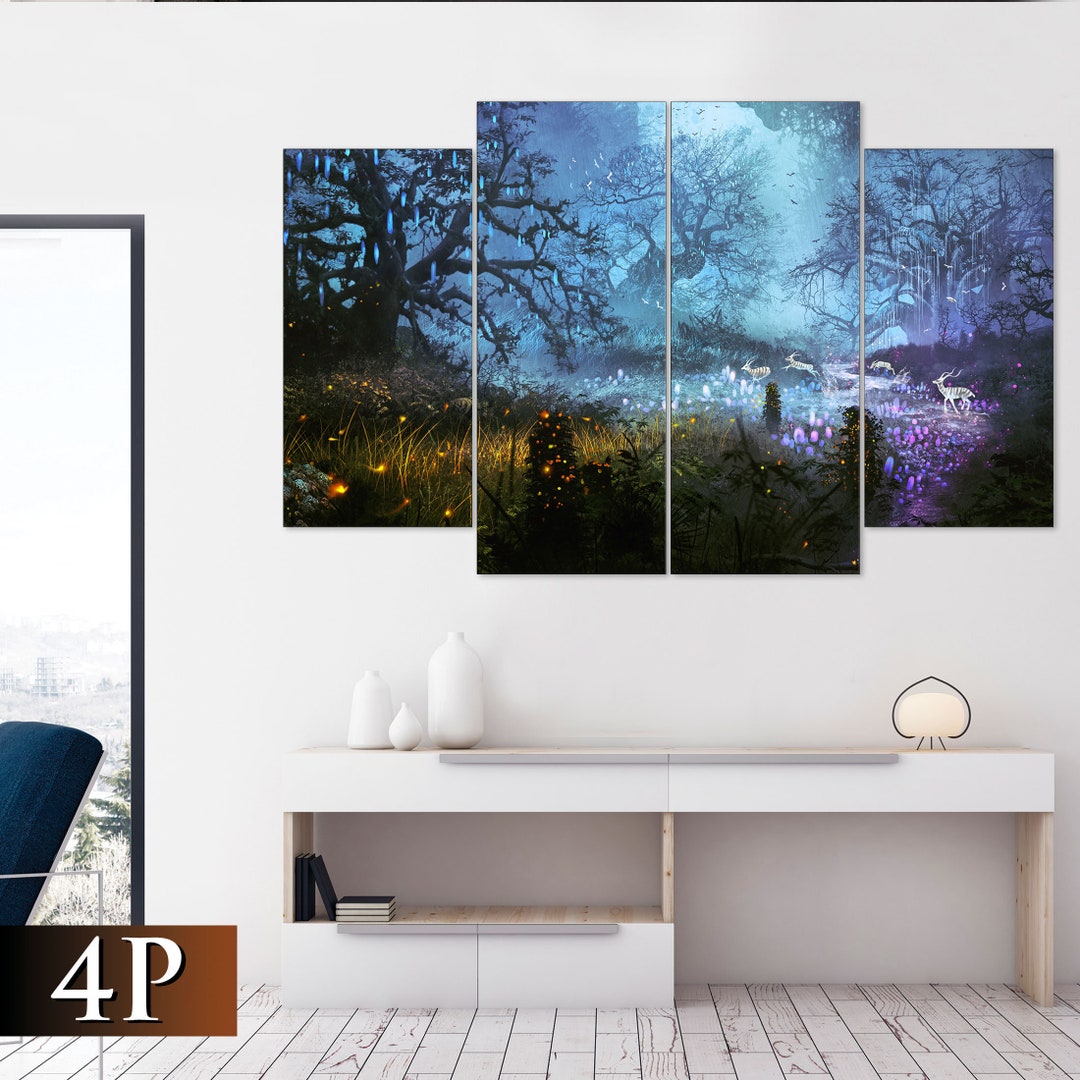 Mystical Forest Canvas With Playful Fawns Print: Vibrant Landscape ...