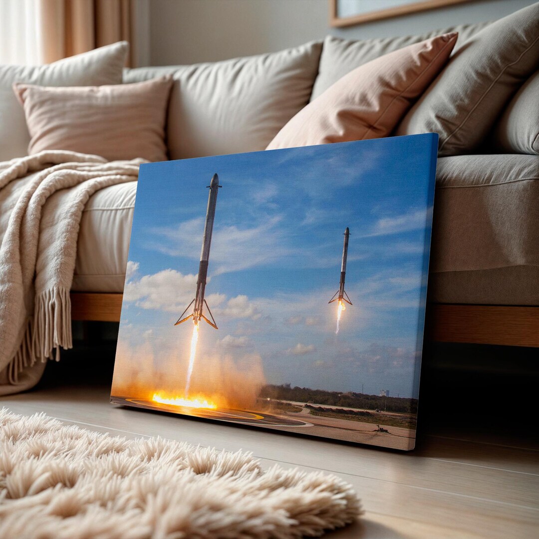 Spacex Dual Landing Canvas, Falcon 9 Rocket Art, Aerospace Wall Decor ...