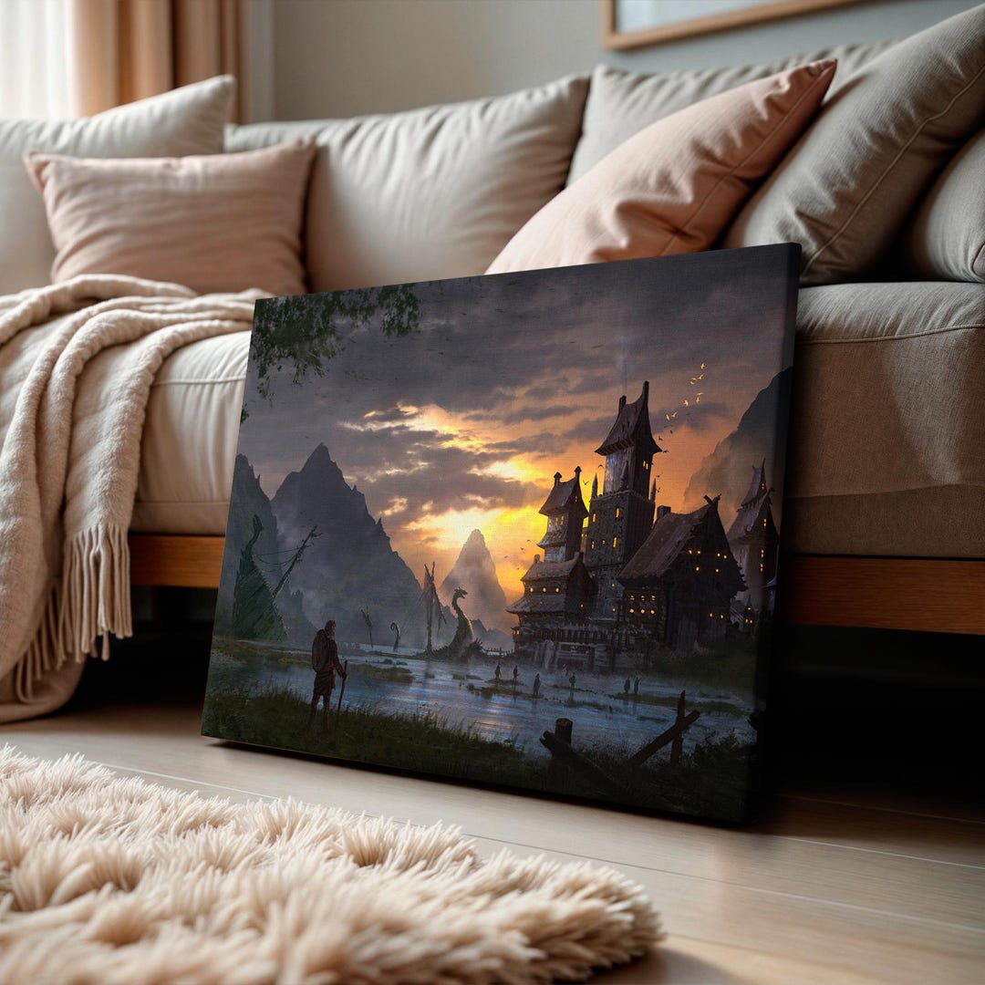 Medieval Print, Viking Fantasy Village Canvas, Northern Settlement ...