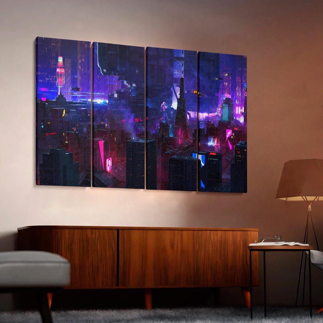 Dystopian, Sci-fi Canvas of Cyberpunk Print, Rainy Night With Neon ...