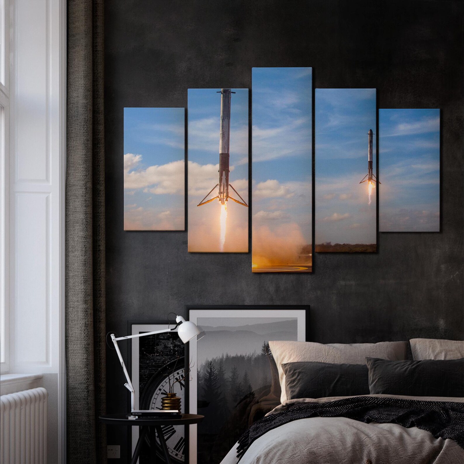 Spacex Dual Landing Canvas, Falcon 9 Rocket Art, Aerospace Wall Decor ...