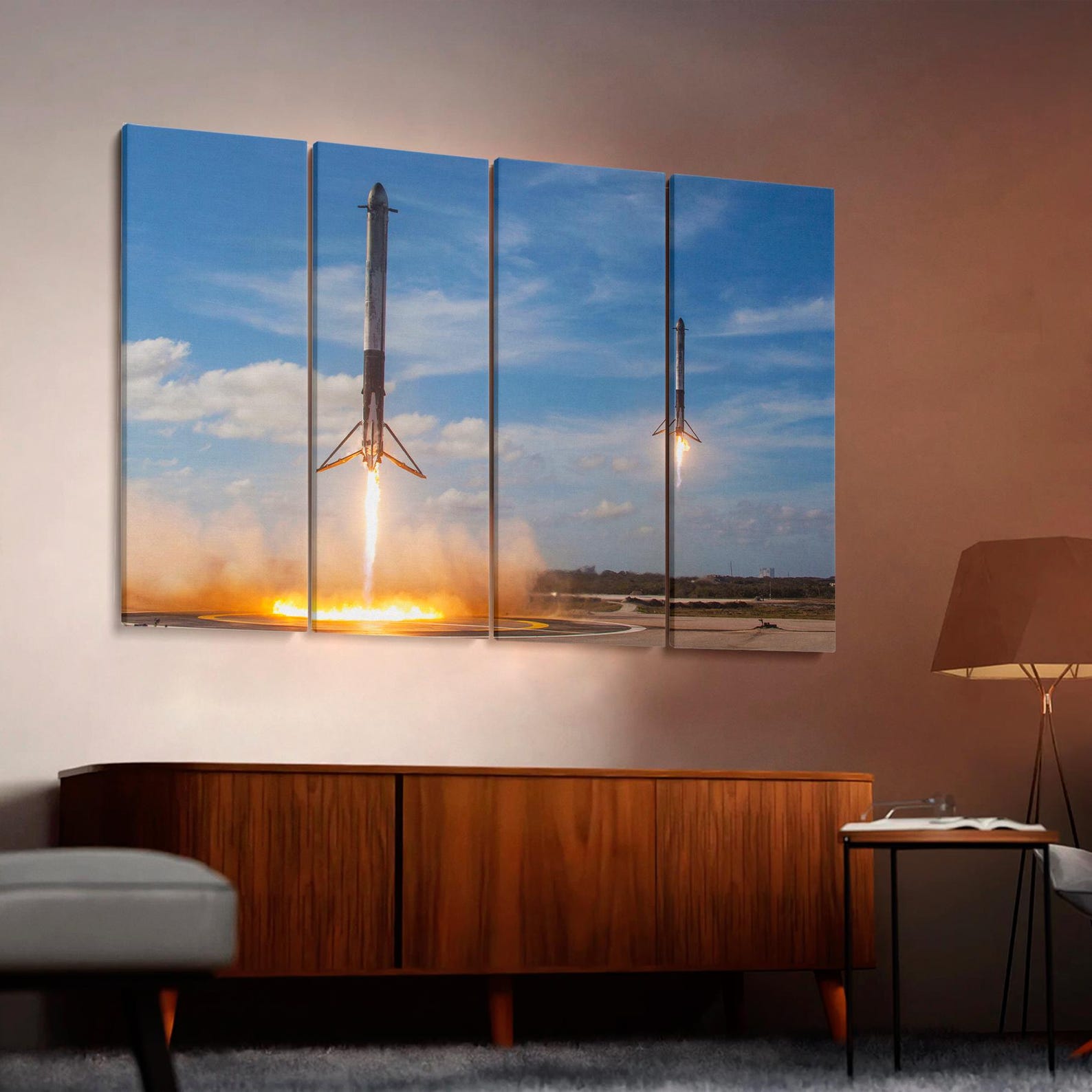 Spacex Dual Landing Canvas, Falcon 9 Rocket Art, Aerospace Wall Decor ...