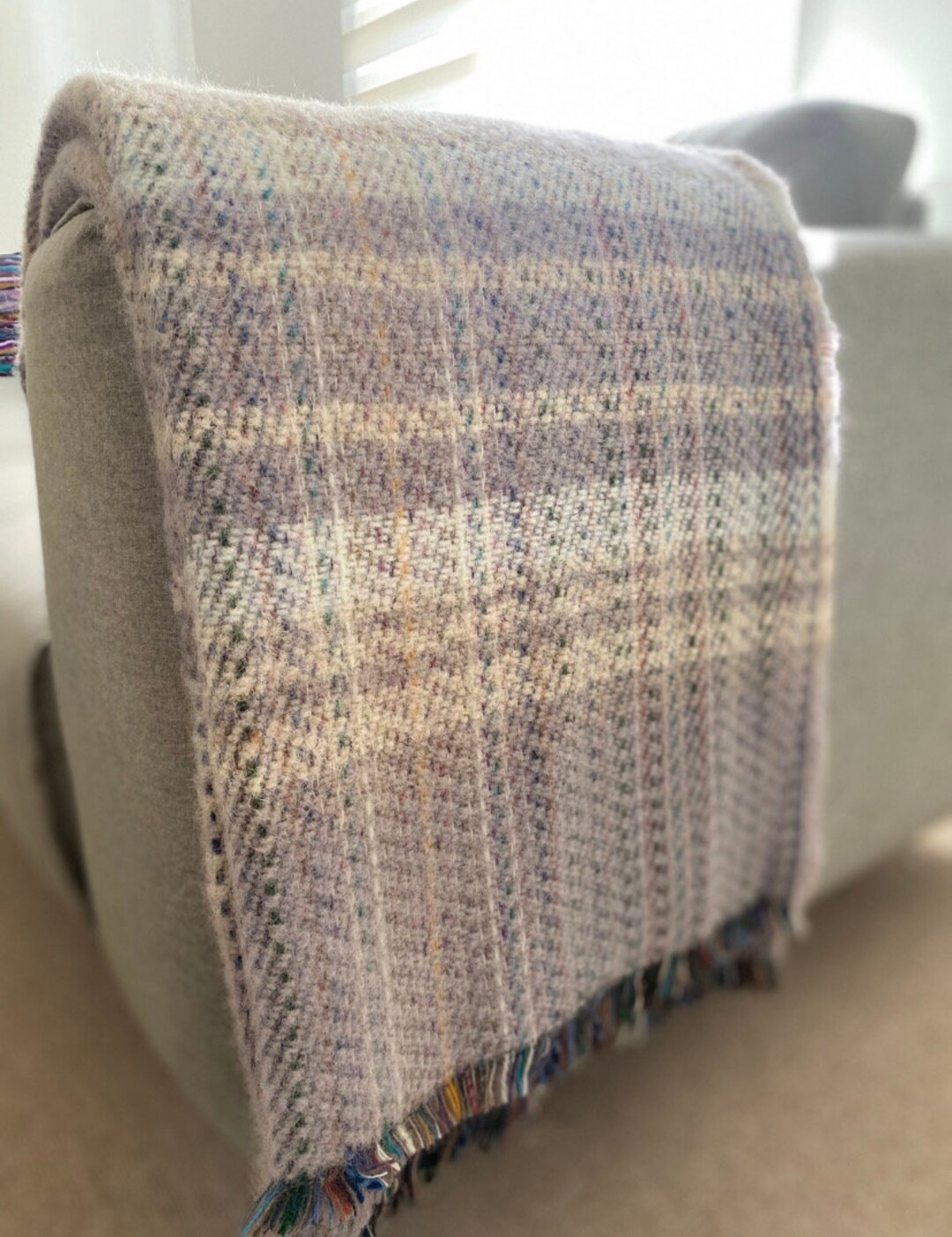 Recycled Wool Check Plaid Throw Blanket With Contrast Fringing / Plaid ...