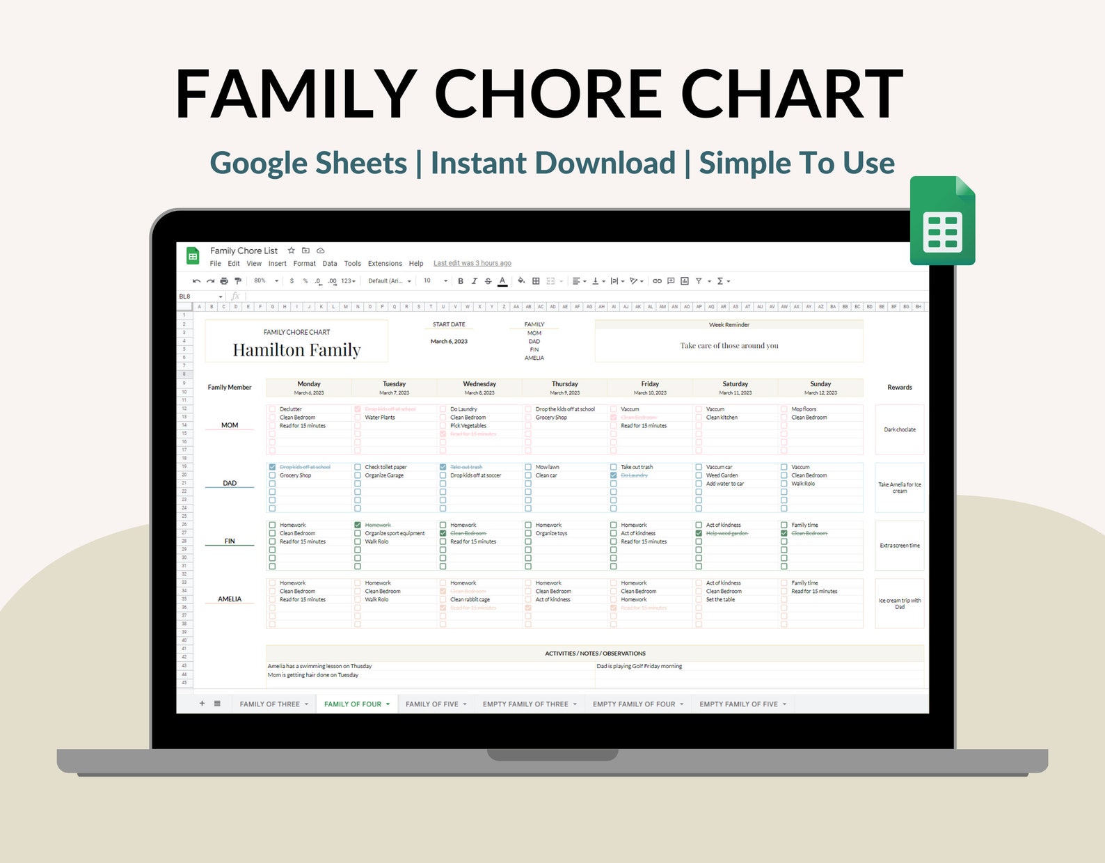 Family Chore Chart Google Sheets Template , Editable Family Planner ...