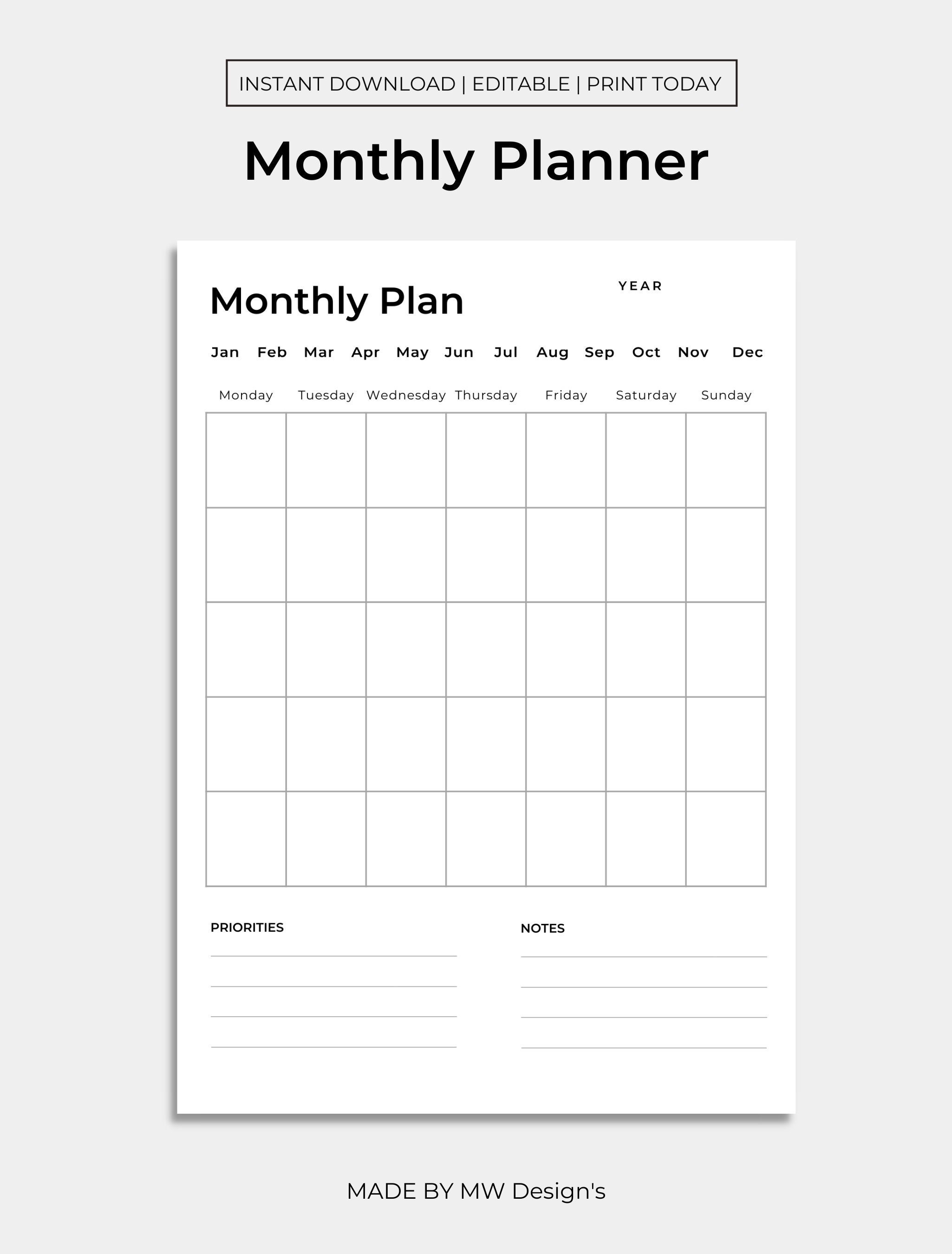 Monthly Planner, Printable Planner, Instant Download, Editable PDF - Etsy