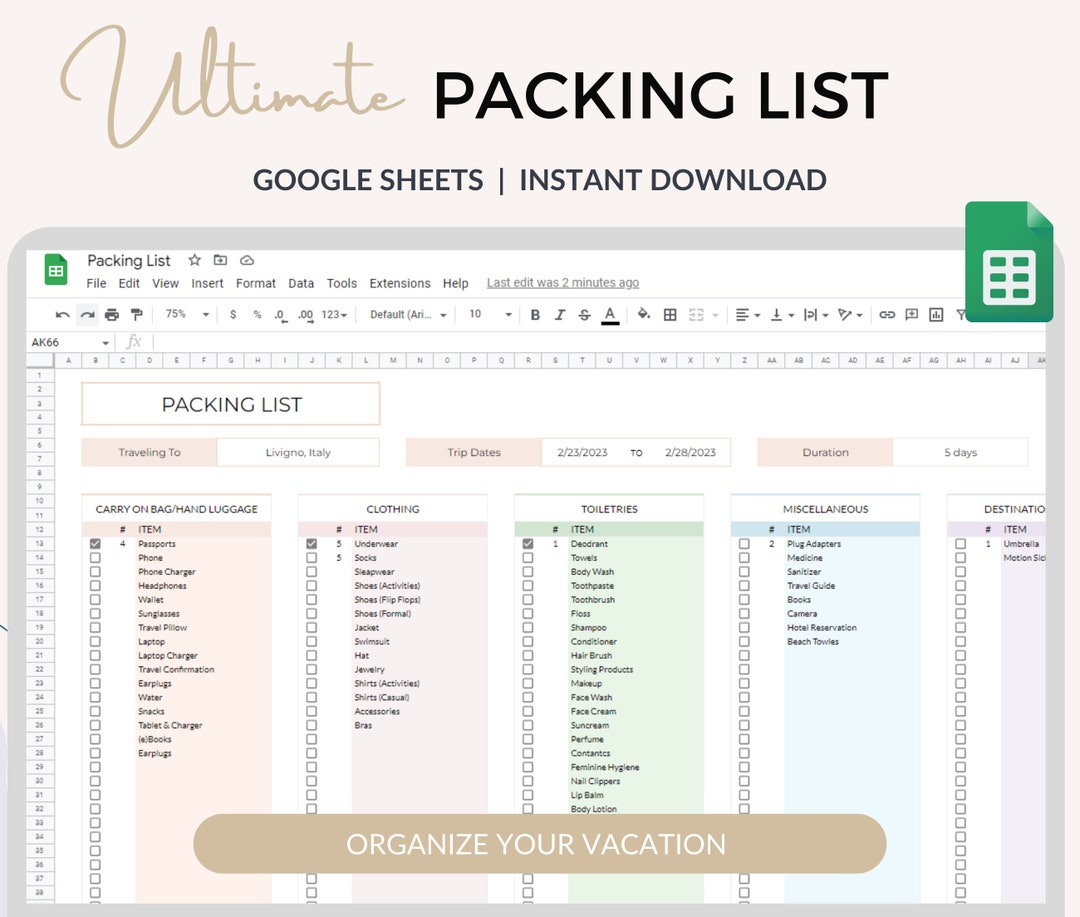 Trip Planner Packing List Template: Google Sheets (digital Download) - Etsy