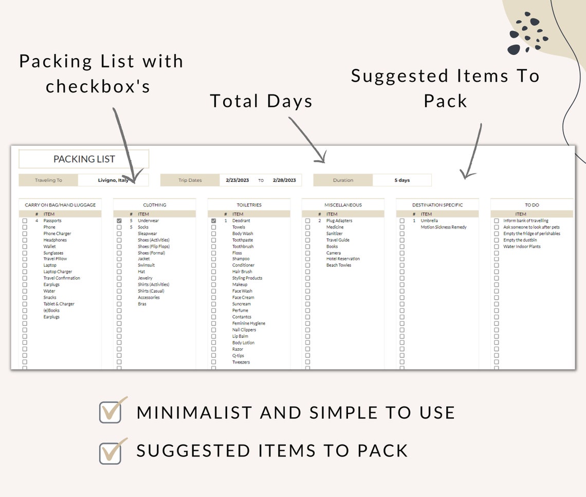 Editable Packing List Template, Printable Planner Spreadsheet, Google ...