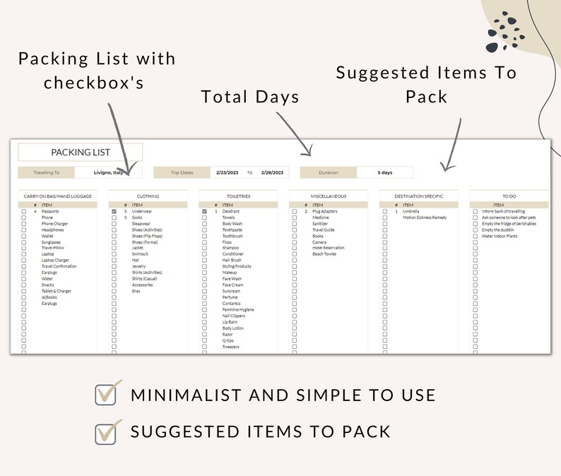 Editable Packing List Template, Printable Planner Spreadsheet, Google ...