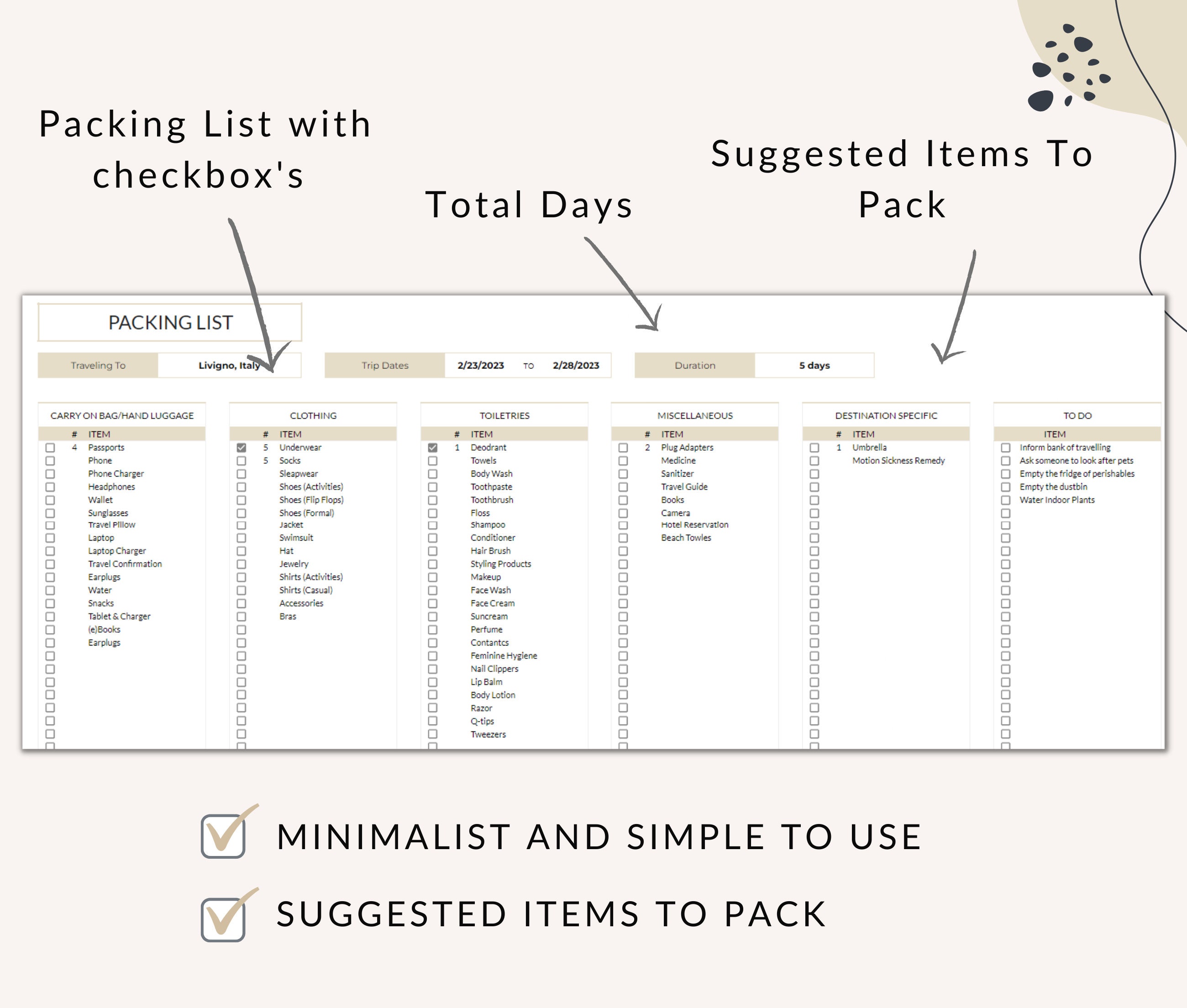 Editable Packing List Template, Printable Planner Spreadsheet, Google ...