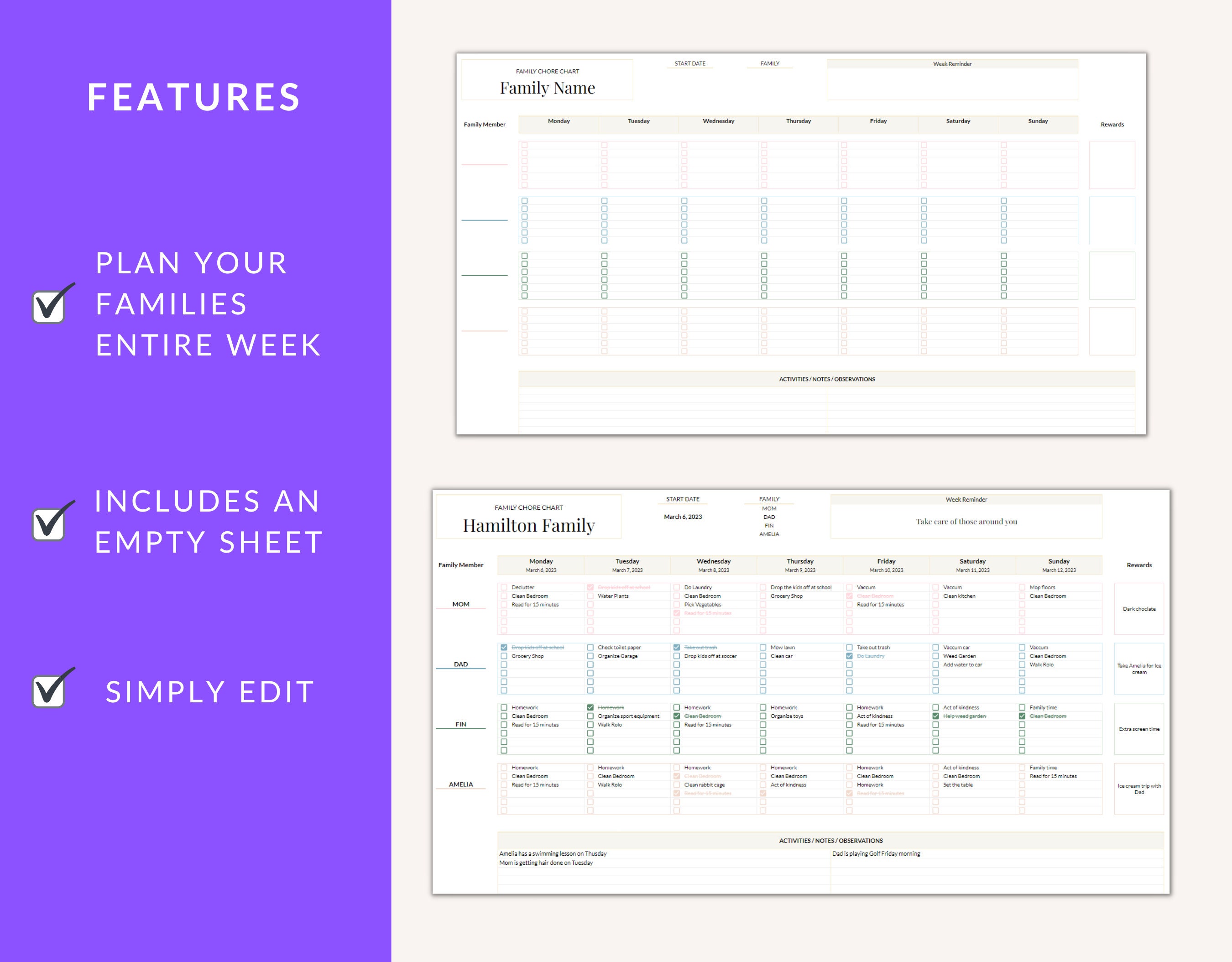 Colorful Family Chore Chart Google Sheets Template , Editable Family ...