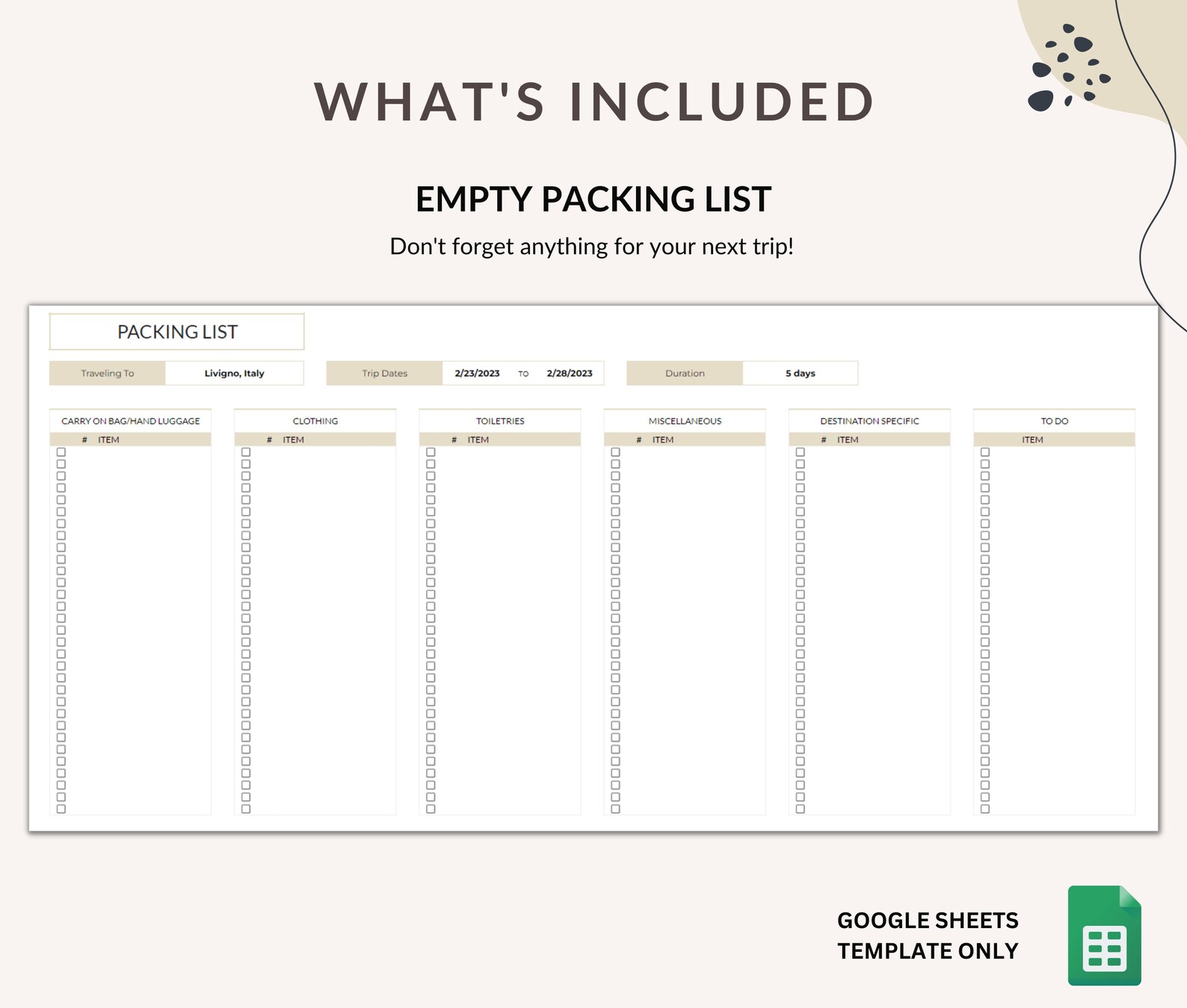 Editable Packing List Template, Printable Planner Spreadsheet, Google ...