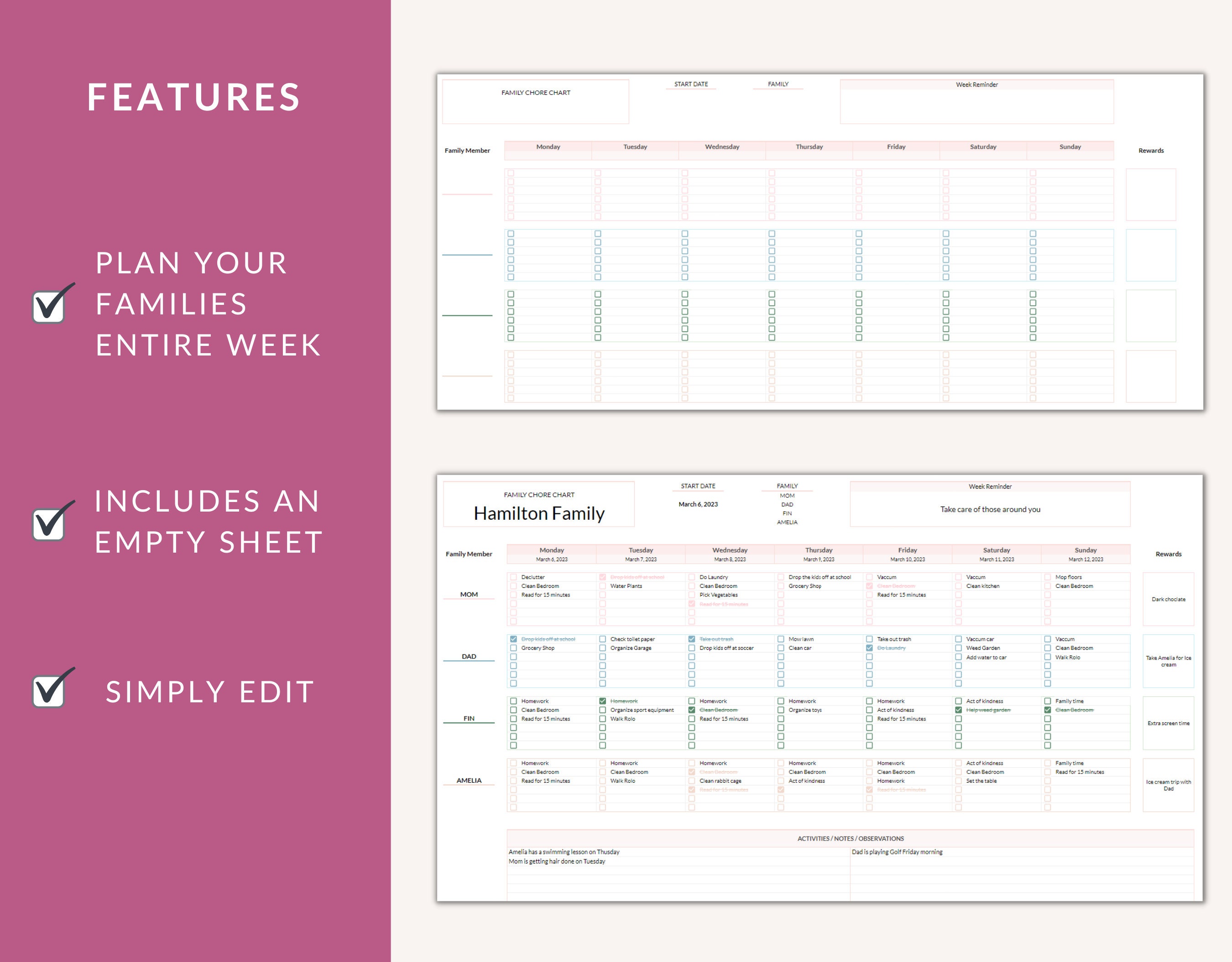 Family Chore Chart Template: Editable Weekly Planner (google Sheets ...