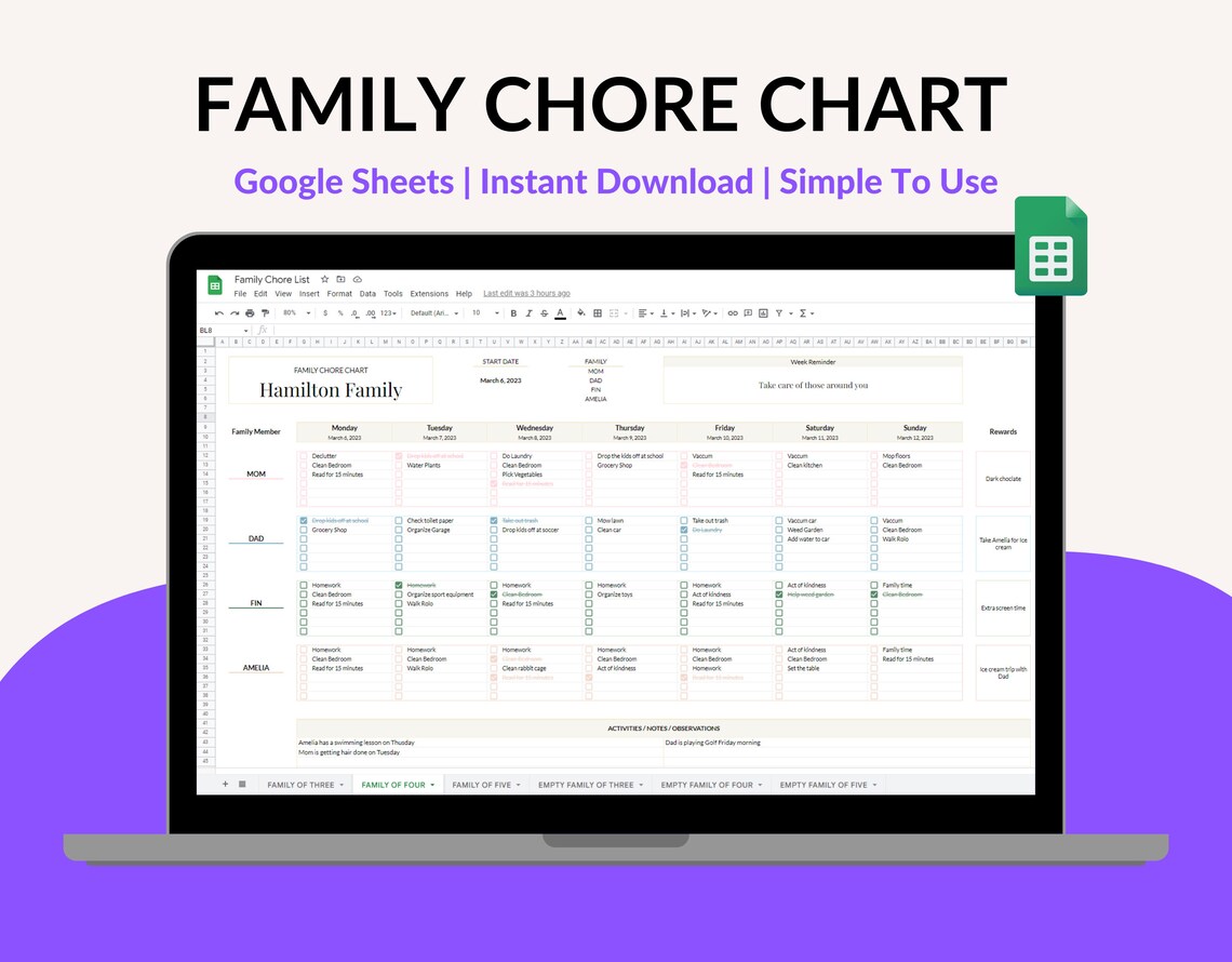 Colorful Family Chore Chart Google Sheets Template , Editable Family ...