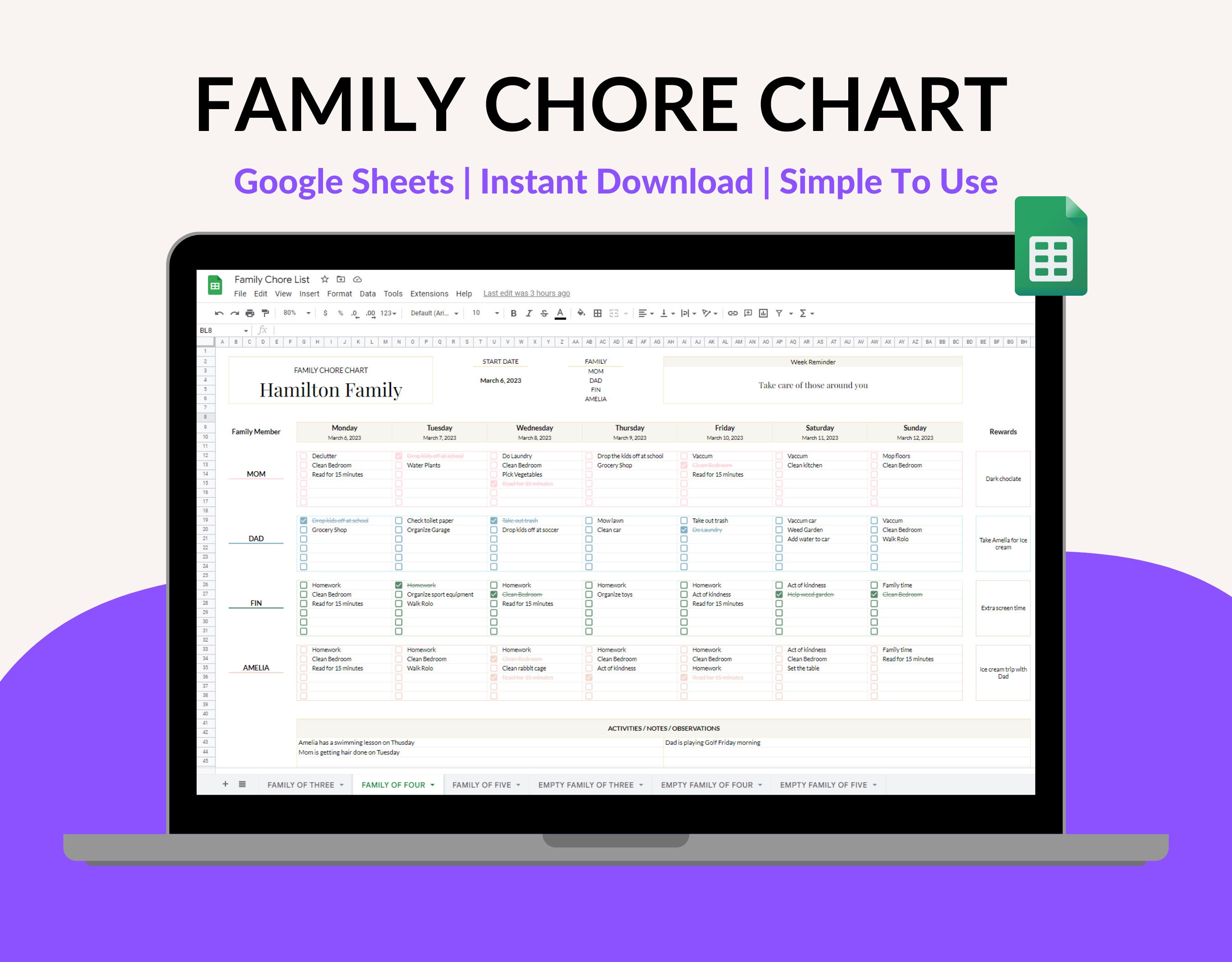 Colorful Family Chore Chart Google Sheets Template , Editable Family ...